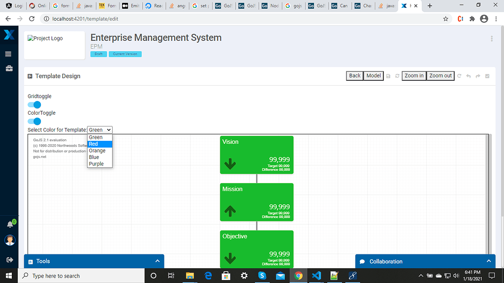 Change the color of nodes in nodeDataArray from color selecting from dropdown in html - GoJS ...